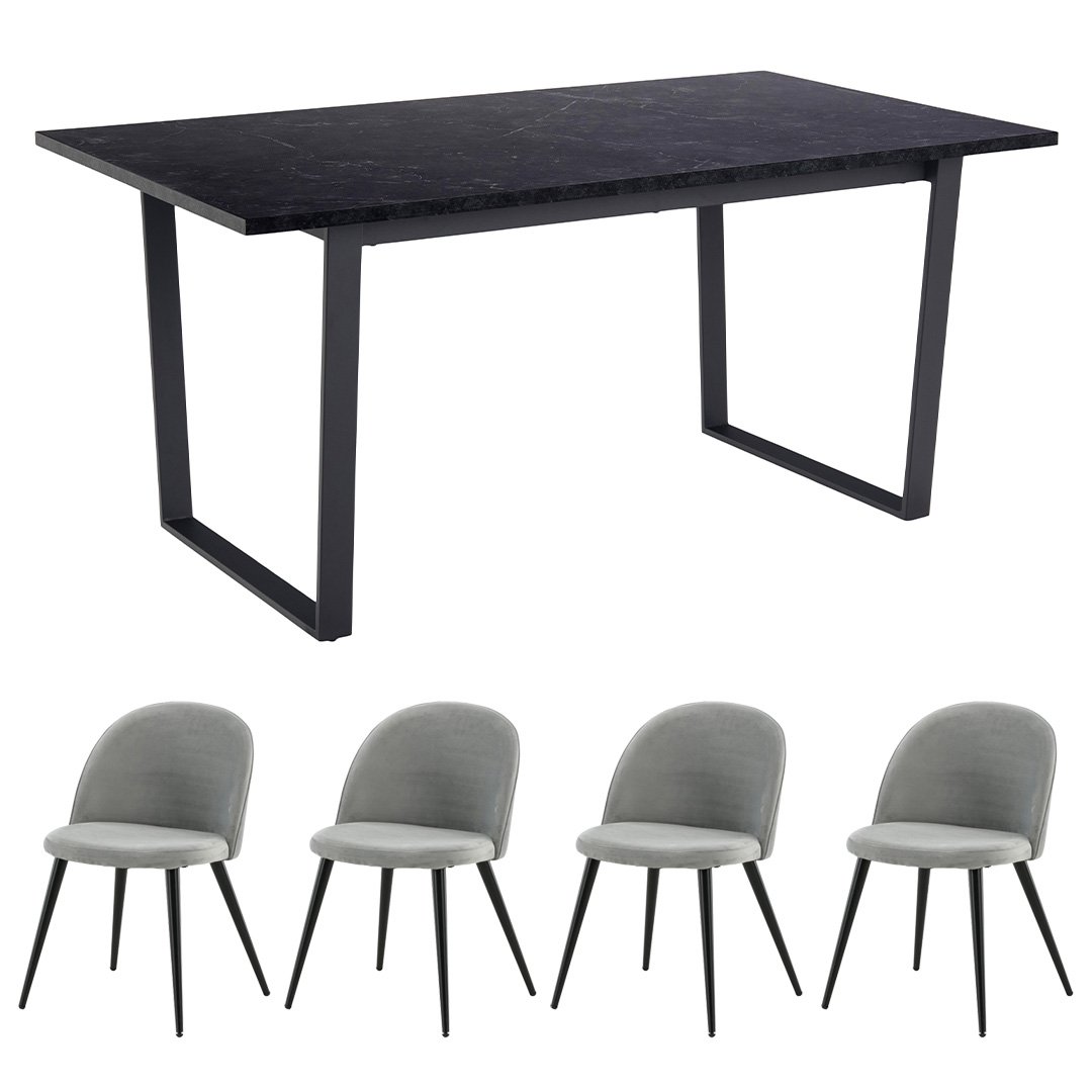 Tilst spisebordssæt bord marmor print sort 90x160 og 4 stole velour grå ...