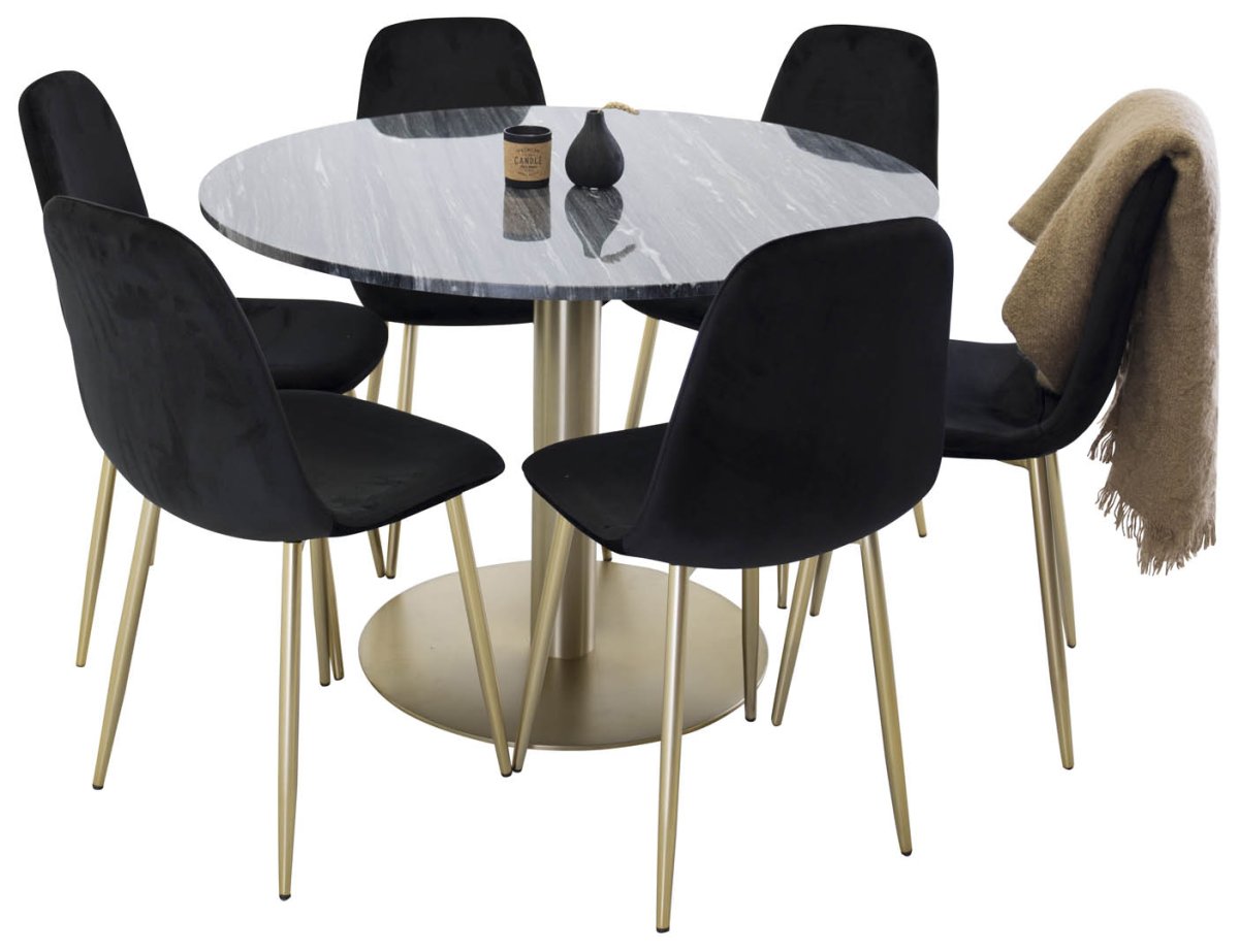EstelleØ106BLBR spisebordssæt spisebord sort, marmor og 6 Polar stole ...