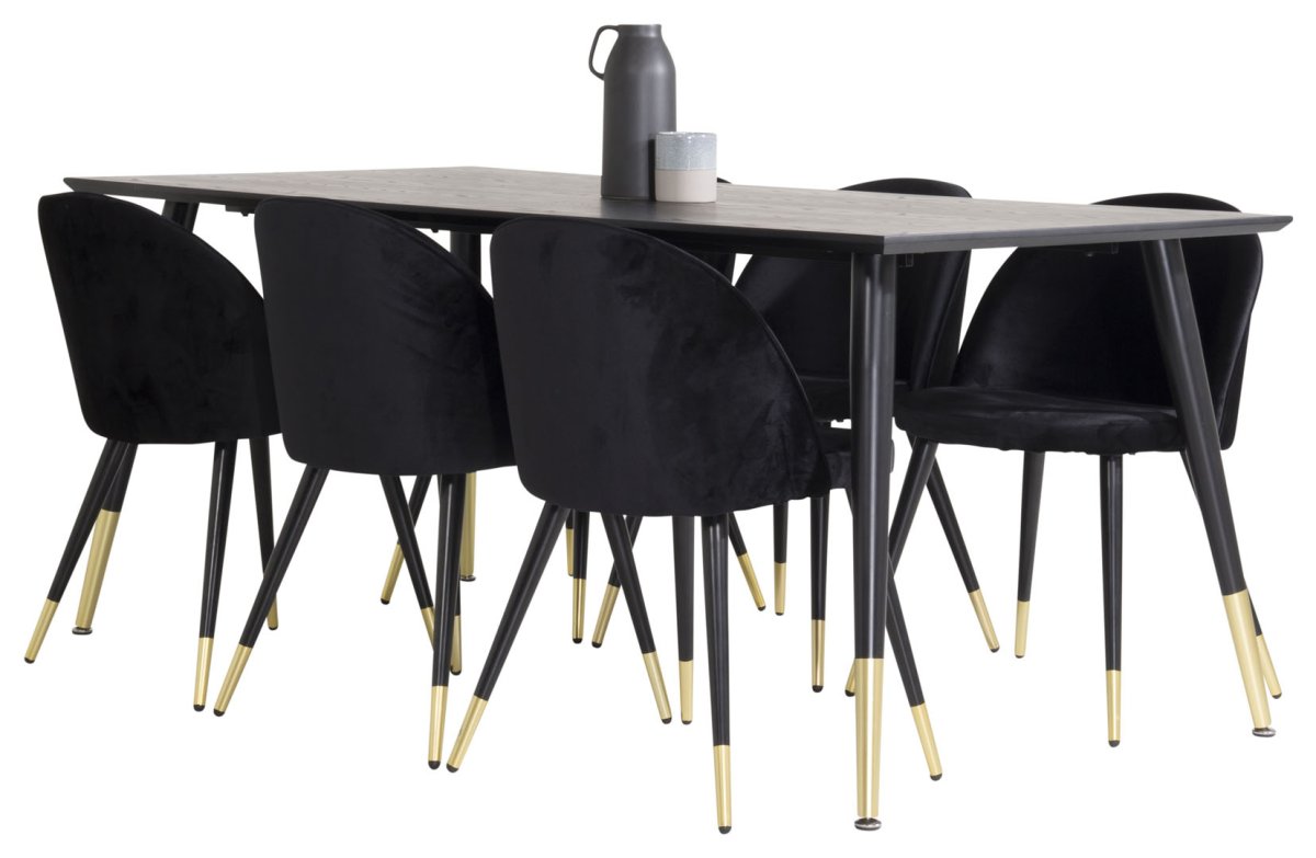 Dipp180x90BLBR spisebordssæt spisebord sort og 6 Velvet stole velour ...